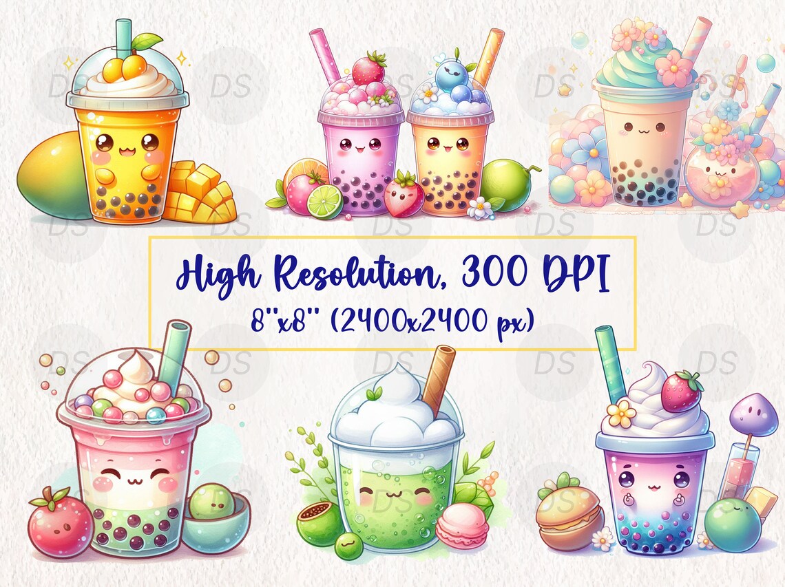 Watercolor Cute Bubble Tea Clipart | Commercial Use PNG Files | DIY ...