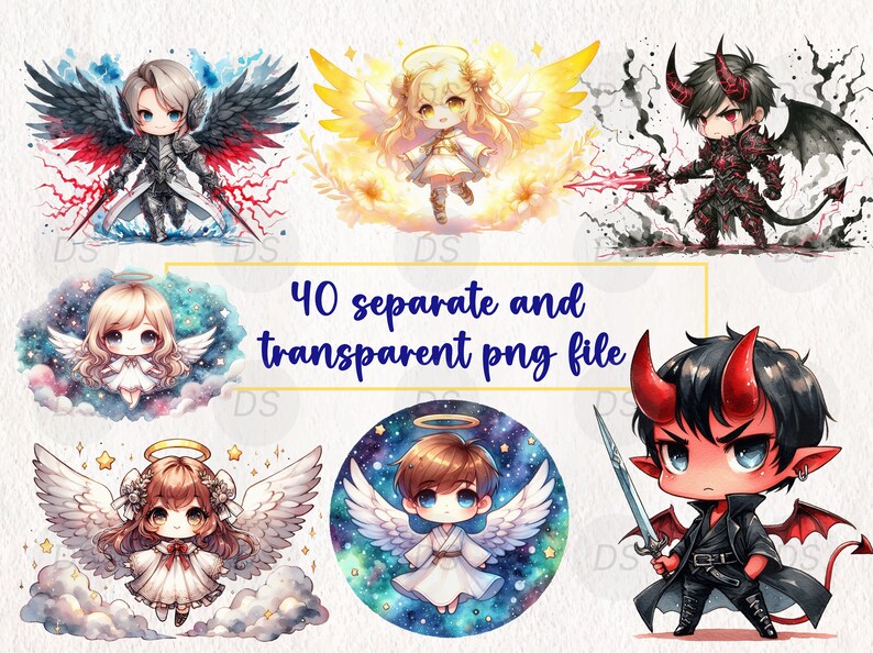 Watercolor Chibi Angels and Devils Clipart – 40 PNG Set - Etsy