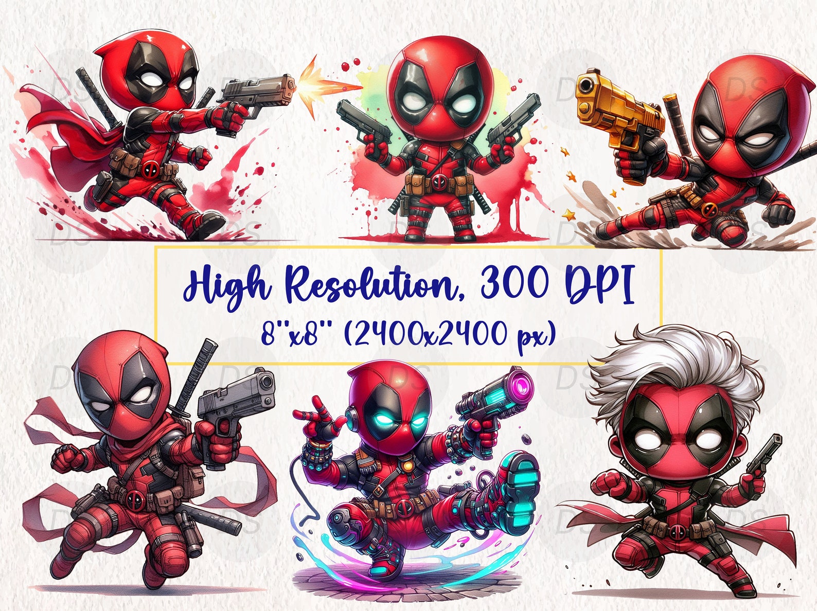 Watercolor Cute Deadpool Chibi Clipart | Quirky & Cute Digital Download ...