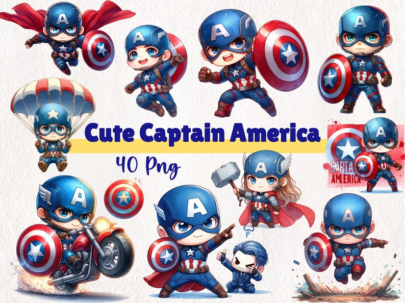 Watercolor Cute Captain America Clipart | Adorable Superhero Art for ...