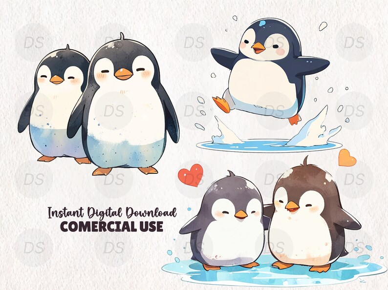 Watercolor Penguin Clipart | Adorable Hand-painted Digital ...