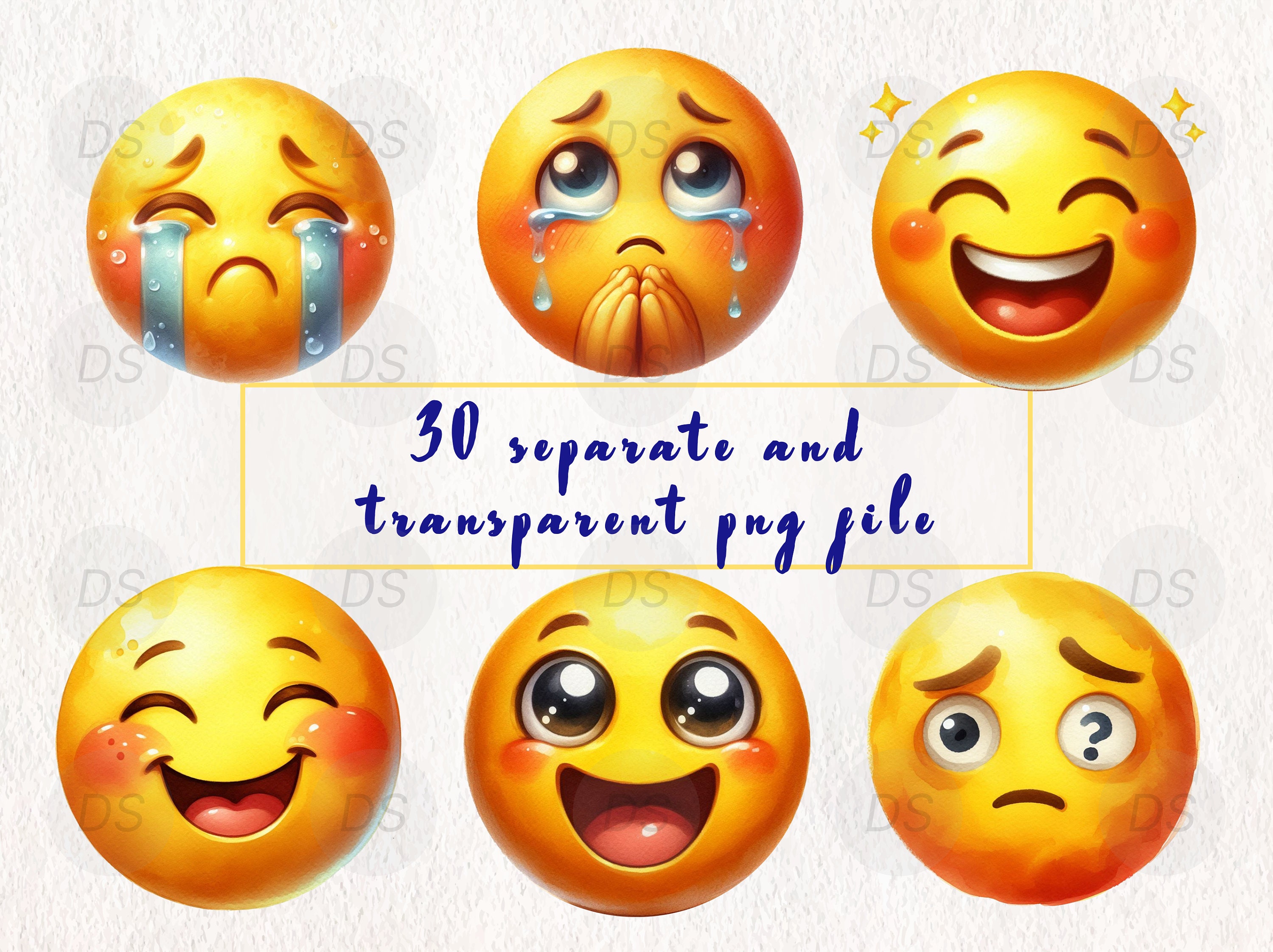 Watercolor Face Emotions Emoji Clipart | Cute Face | 40 PNG Instant ...