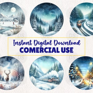 Watercolor Winter Landscapes Clipart, Hand-painted Snowy Scenes ...