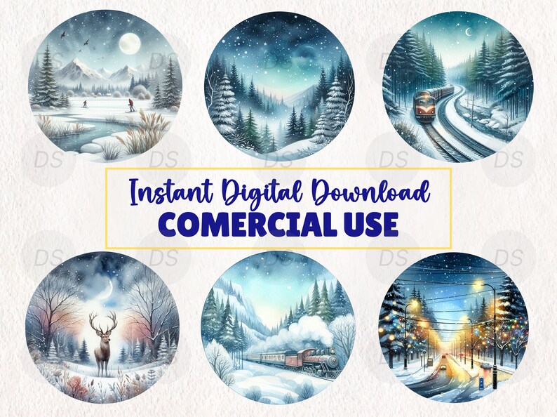 Watercolor Winter Landscapes Clipart, Hand-painted Snowy Scenes ...
