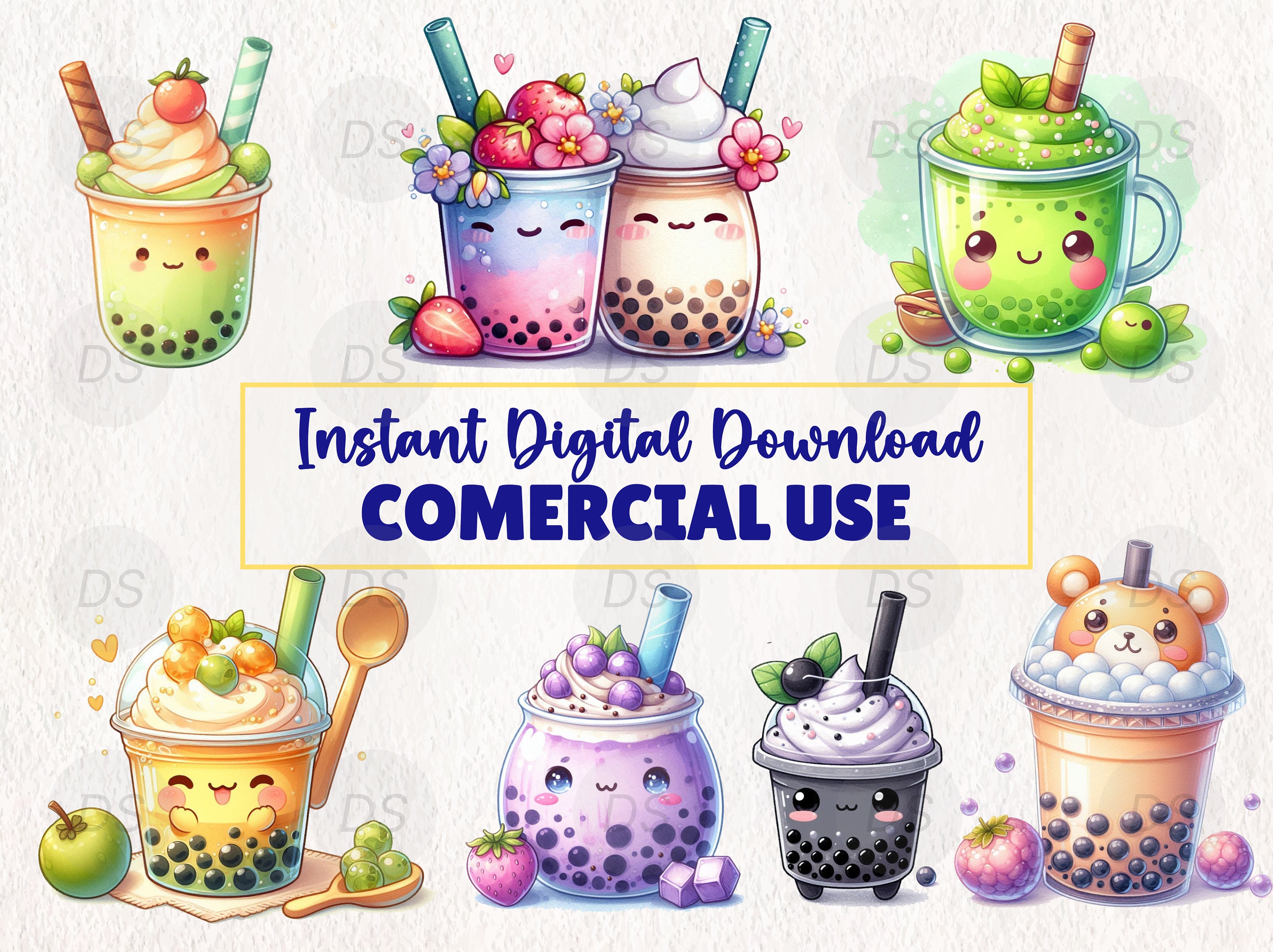 Watercolor Cute Bubble Tea Clipart | Commercial Use PNG Files | DIY ...