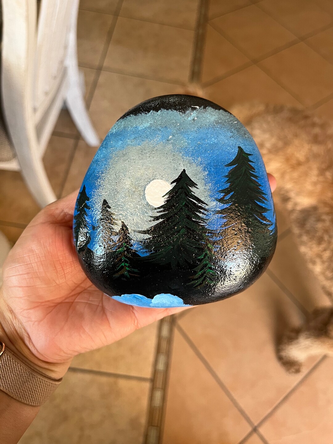 Custom Rock Art, Forest, Lake Outdoor Lover! Rock Dad Gift, Pinetrees ...