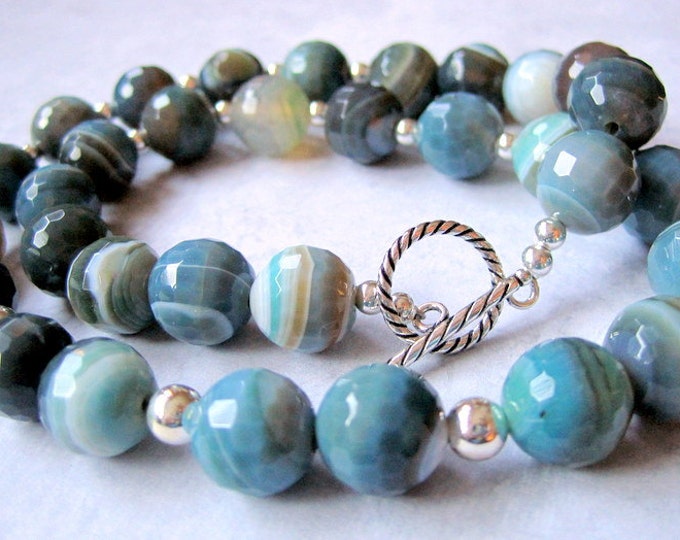Slate Blue Line Agate Necklace Semi Precious Stone Beads - Etsy