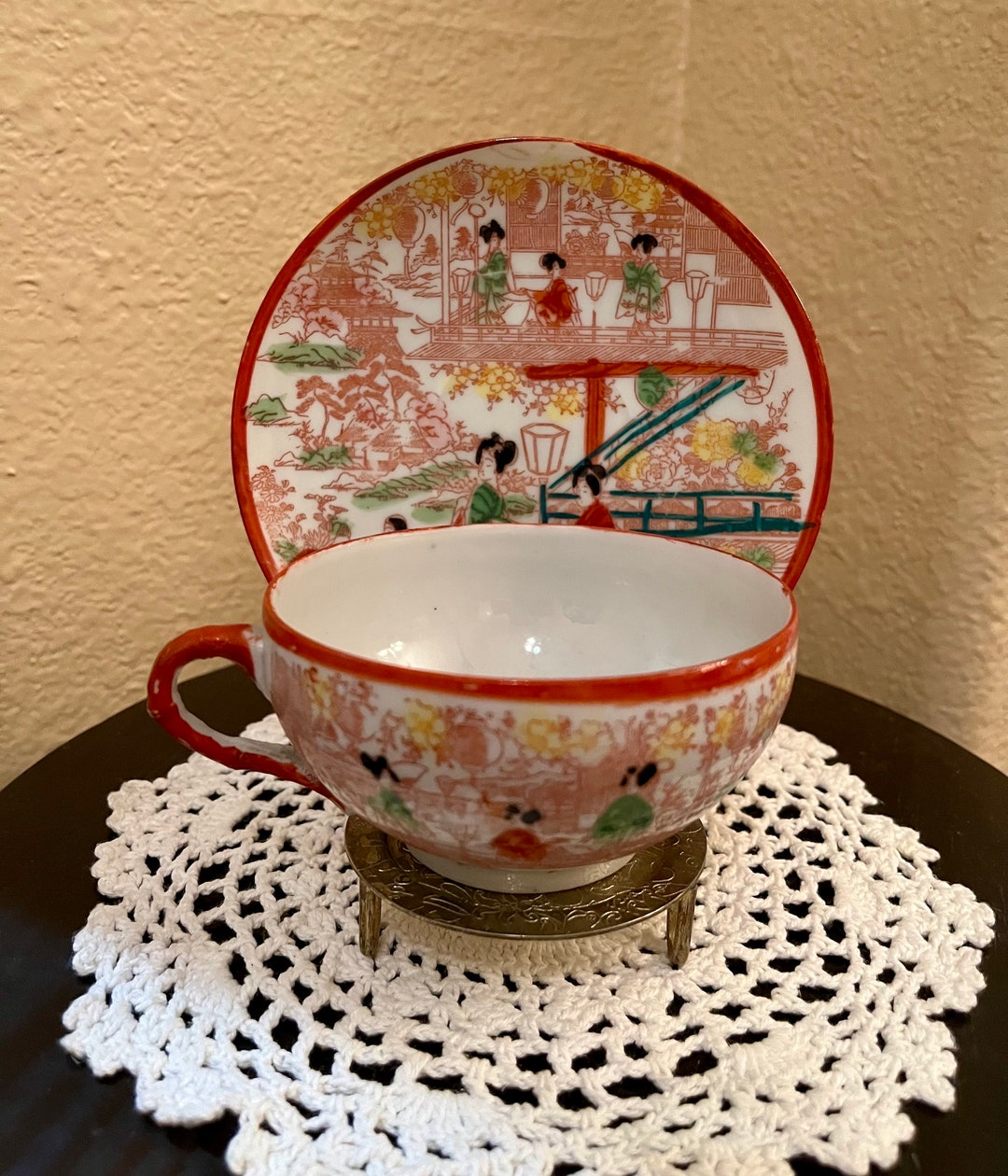 Antique Japanese Geisha Hand Painted Tea Cup and Saucer Japan Thin ...