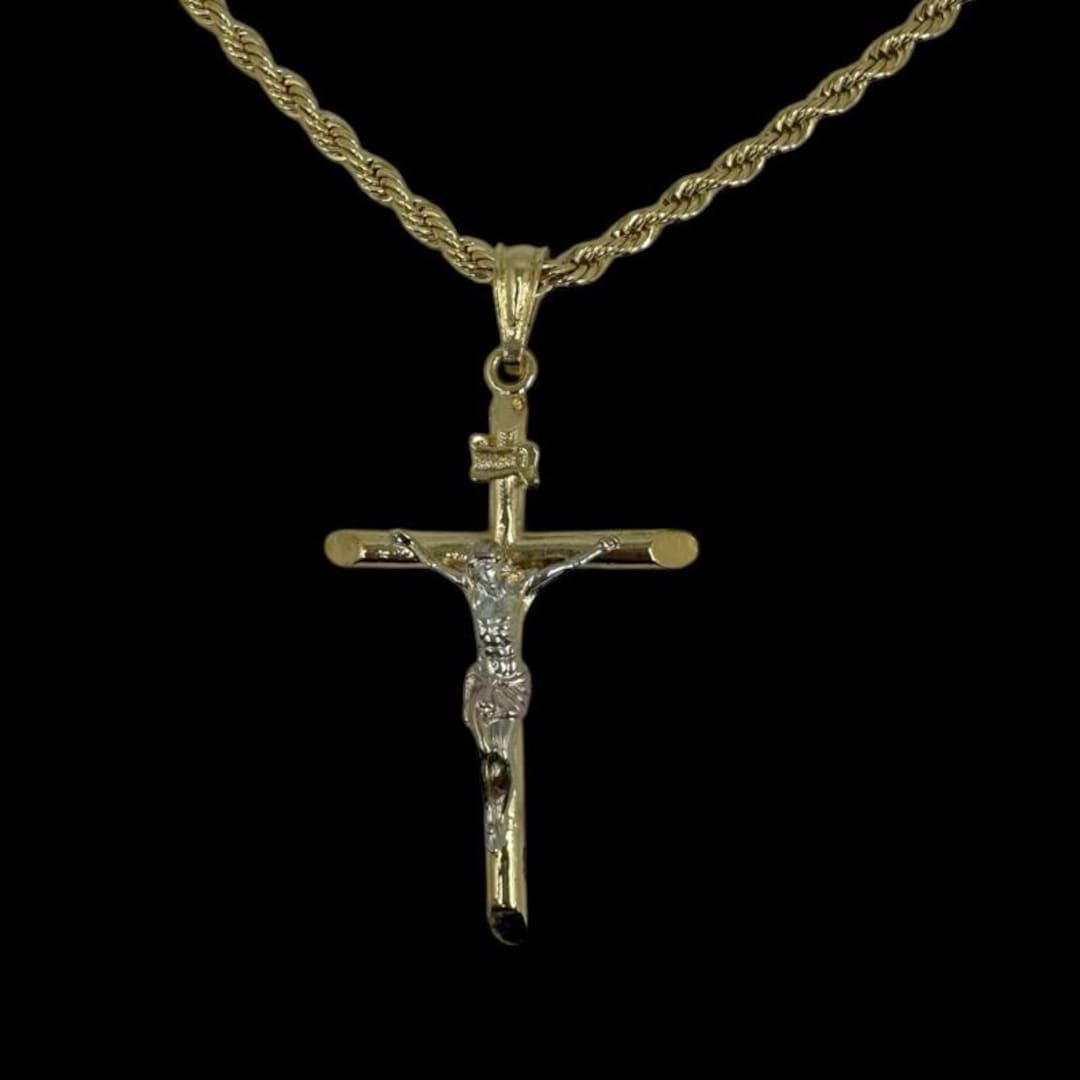 18k Jesus Christ Cross Necklace - Rope Chain - Big Cross - Gold Filled ...