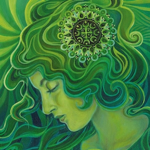 Gaia 5x7 Greeting Card - Green Goddess Wall Art, Art Nouveau Decor ...