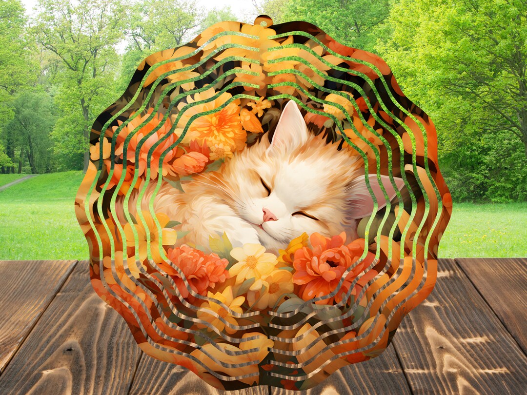 10-inch Cat in Flowers Wind Spinner, Cat or Kitten Lover, Double Sided ...