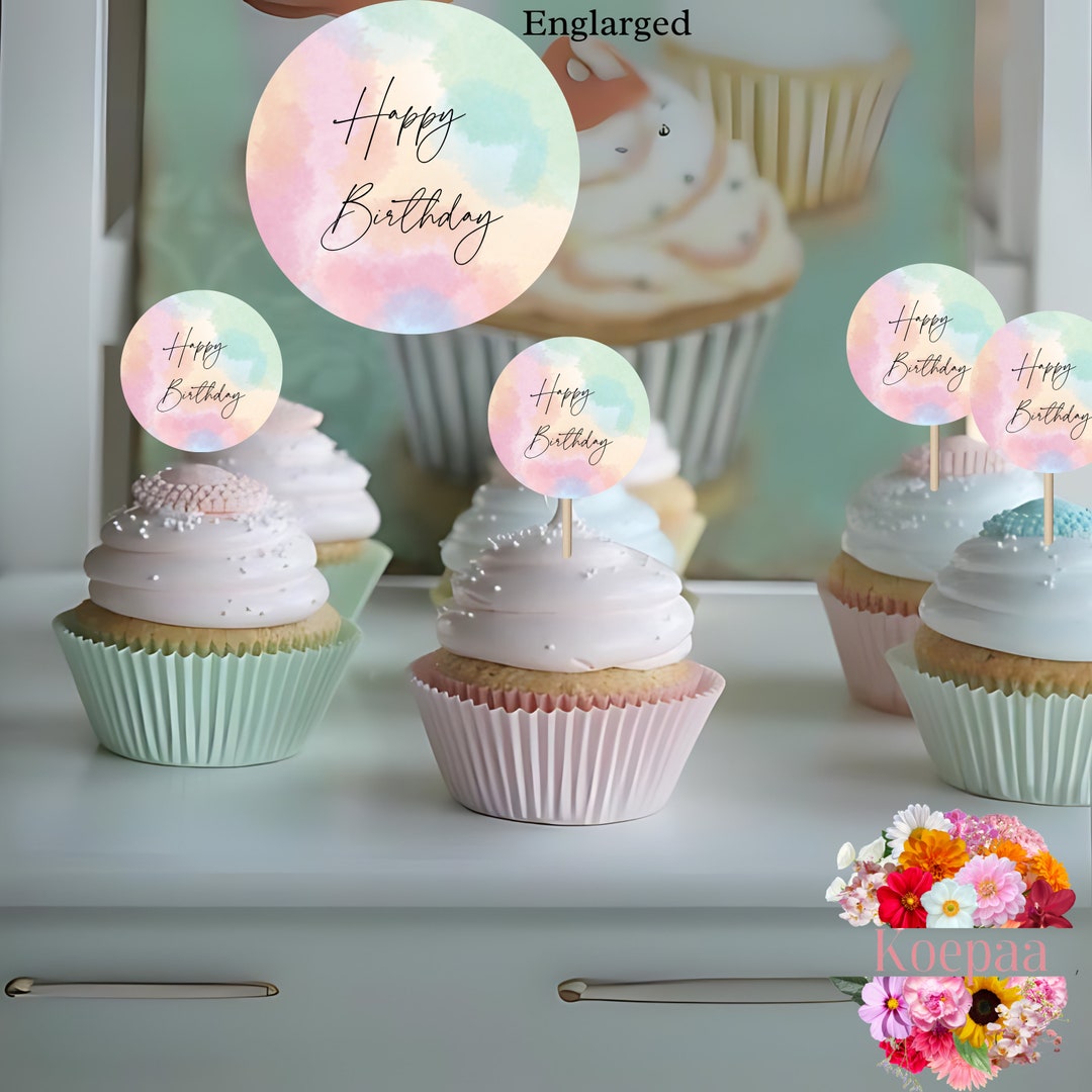 2-inch Happy Birthday Cupcake Toppers in Soft Pastel Colors, Cursive ...