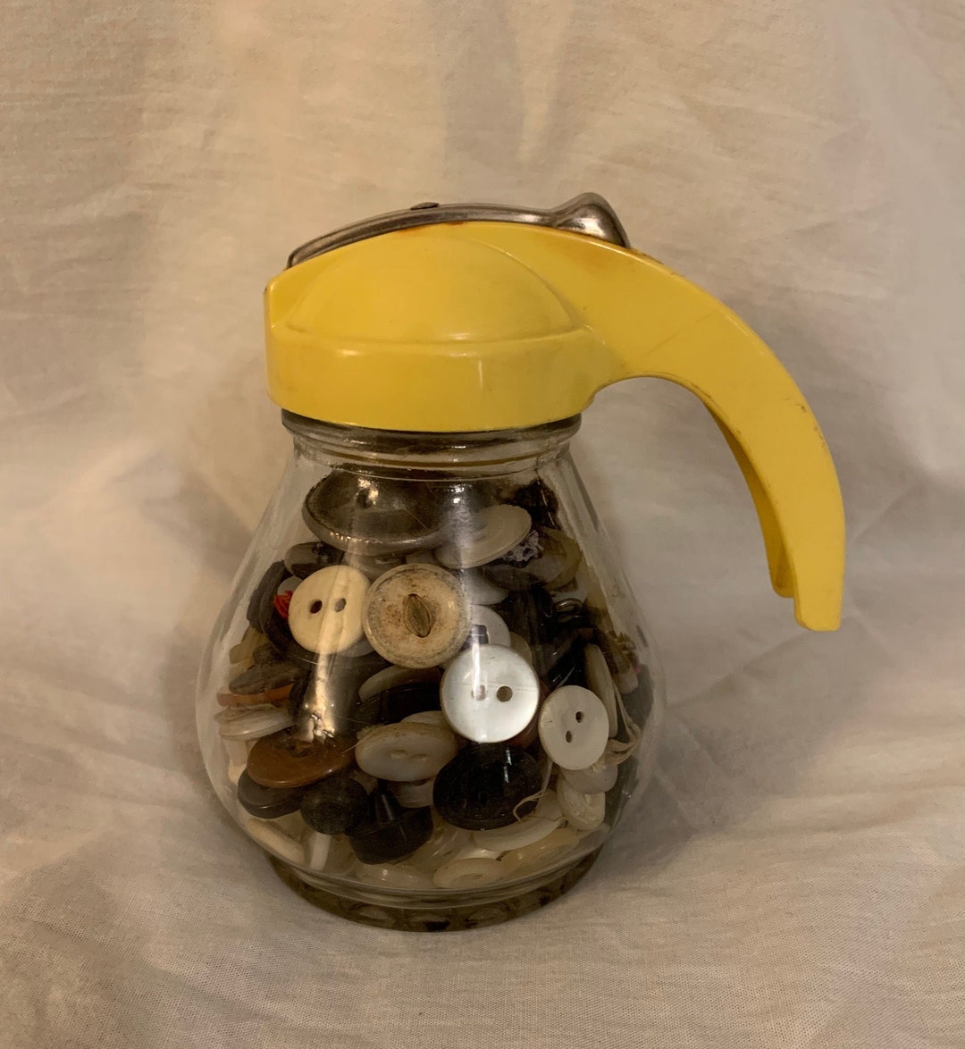 Vintage Glass Syrup Jar of Buttons, Clear Glass, White & Black Button ...