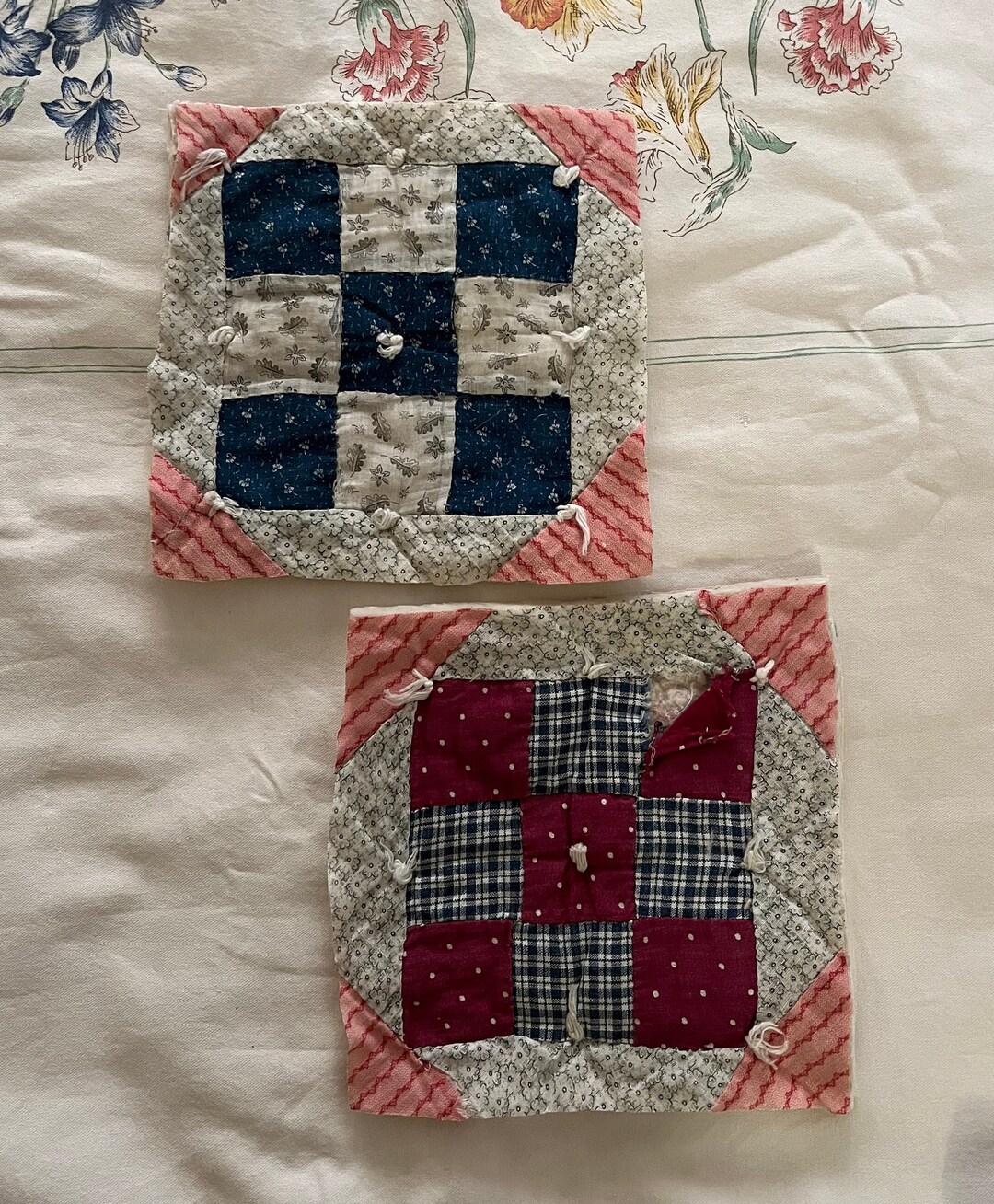 2 Hand Tied Quilt Blocks, 9 Block Pattern W/ Blue Red Pink White Black ...