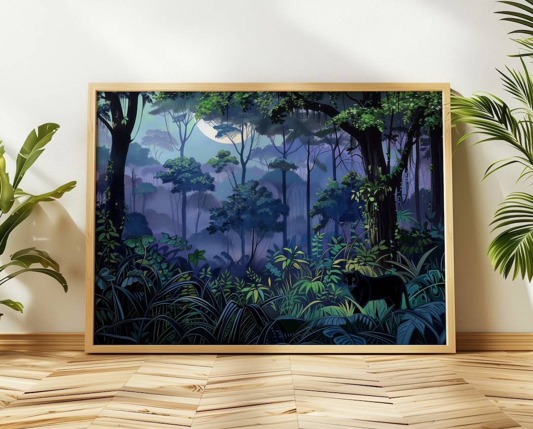 Black Panther Moonlit Jungle Print, Exotic Feline Night Landscape Wall ...