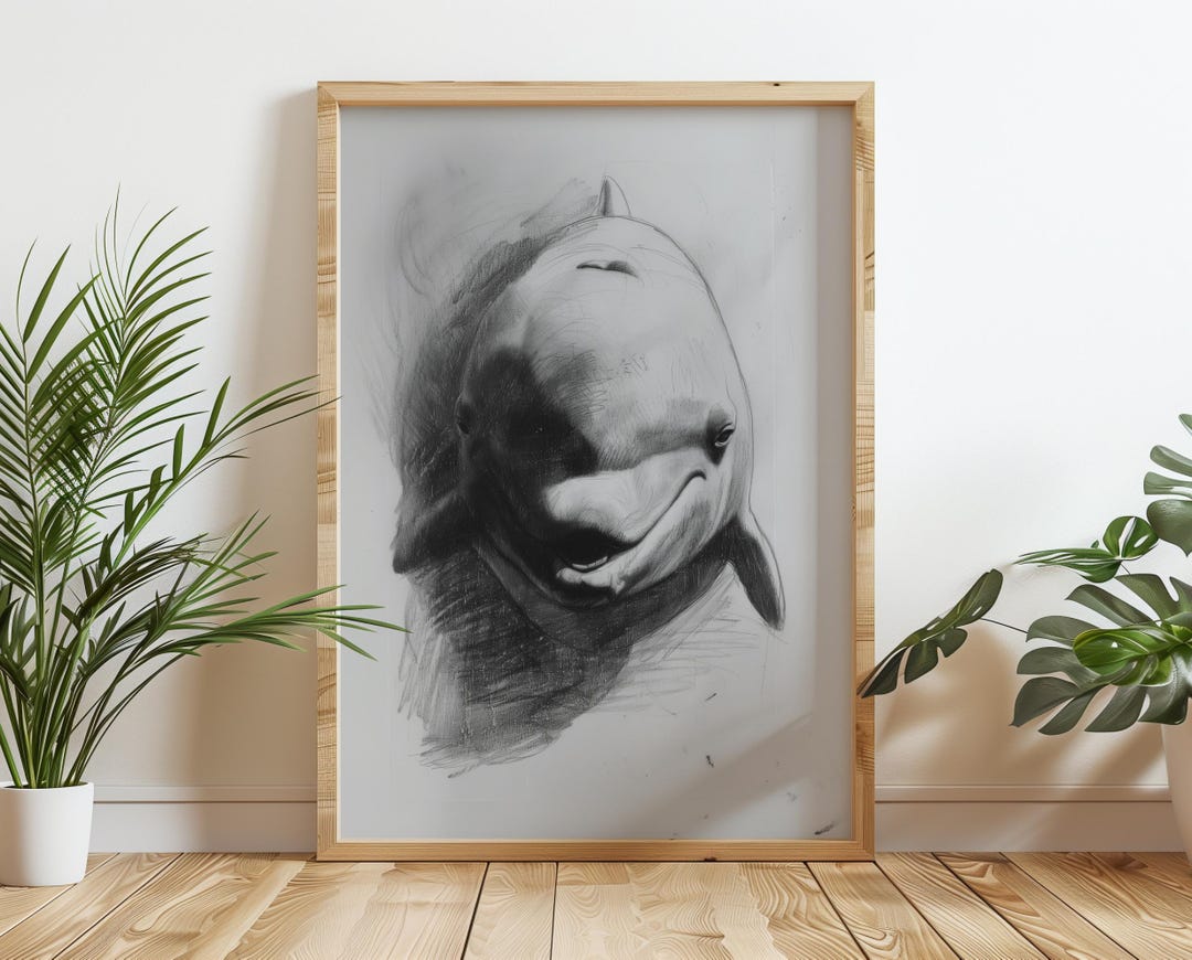 Beluga Face Charcoal Sketch Wall Art, White Whale Pencil Drawing Print ...