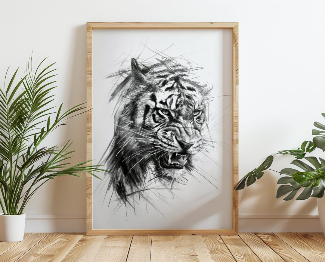 Bengal Tiger Snarling Charcoal Sketch Wall Art, Asian Big Cat Pencil ...