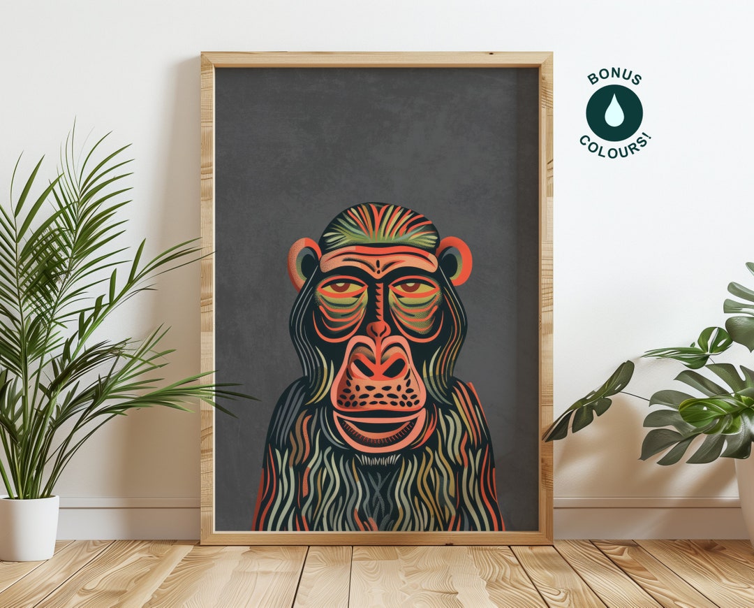 Tribal Gorilla Boho Gallery Wall Art, African Chimp Pastel Drawing Home ...