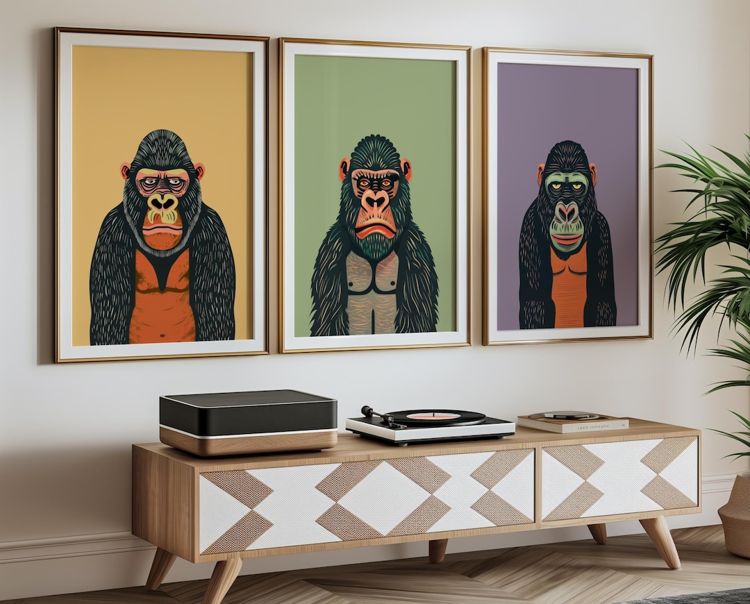 Set of 3 Gorilla Pop Art Prints, Three Piece Grumpy Ape Wall Art, Boho ...