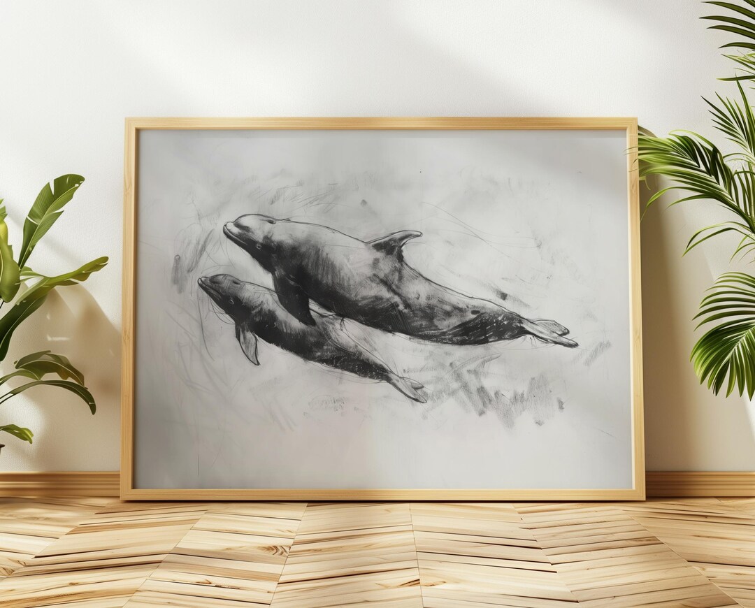 Belugas Charcoal Sketch Wall Art, White Whales Pencil Drawing Print ...