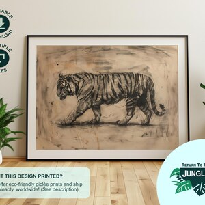 Bengal Tiger Rough Charcoal Sketch Wall Art, Asian Big Cat Pencil ...