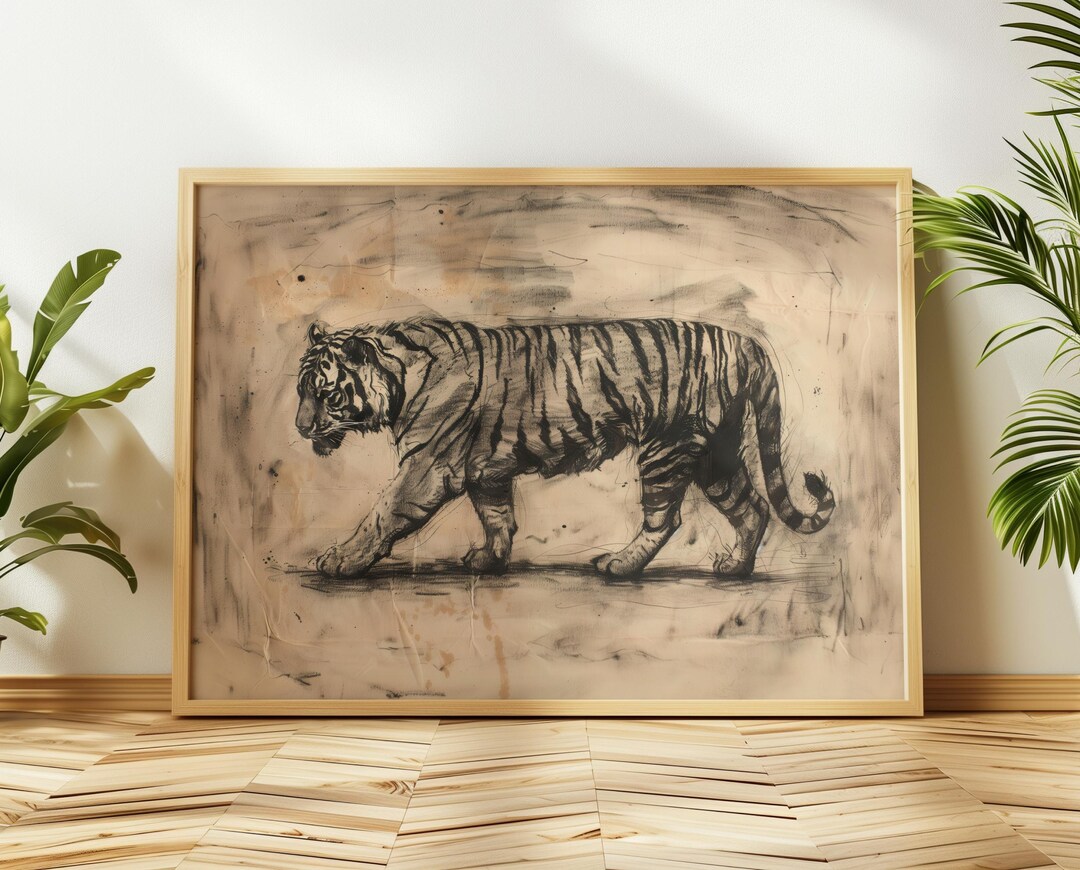 Bengal Tiger Rough Charcoal Sketch Wall Art, Asian Big Cat Pencil ...