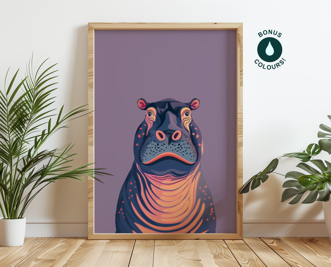 Hippo Boho Gallery Wall Art, Whimsical Hippopotamus Illustration Home ...