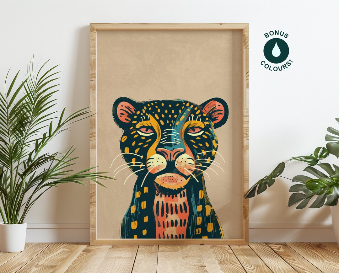 Leopard Tribal Wall Art, Colourful Feline Pastel Drawing Home Décor ...
