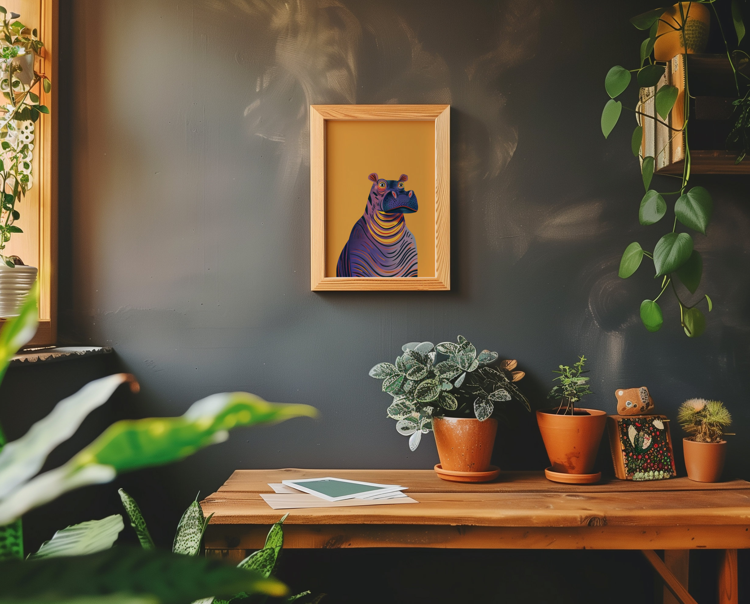 Hippo Boho Gallery Wall Art, Whimsical Hippopotamus Illustration Home ...