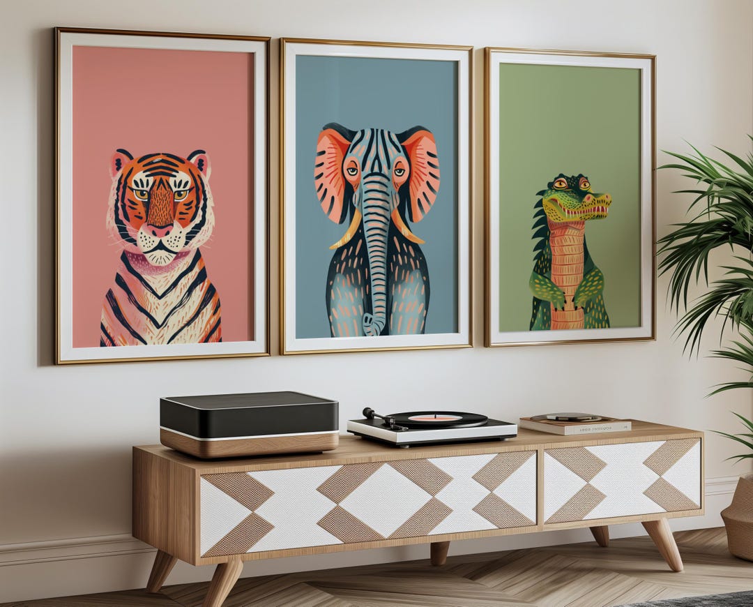 Set of 3 Cartoon Safari Animal Prints, Three Piece Tiger Elephant ...