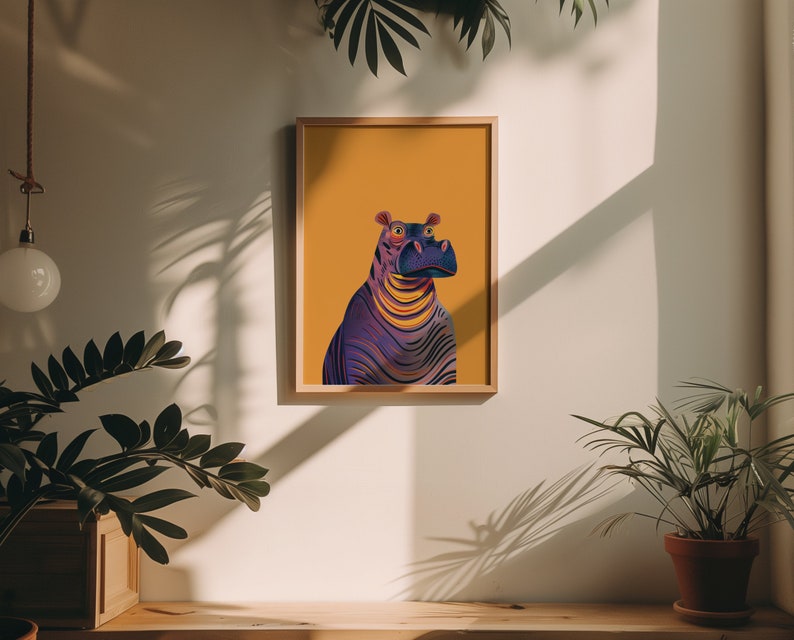 Hippo Boho Gallery Wall Art, Whimsical Hippopotamus Illustration Home ...