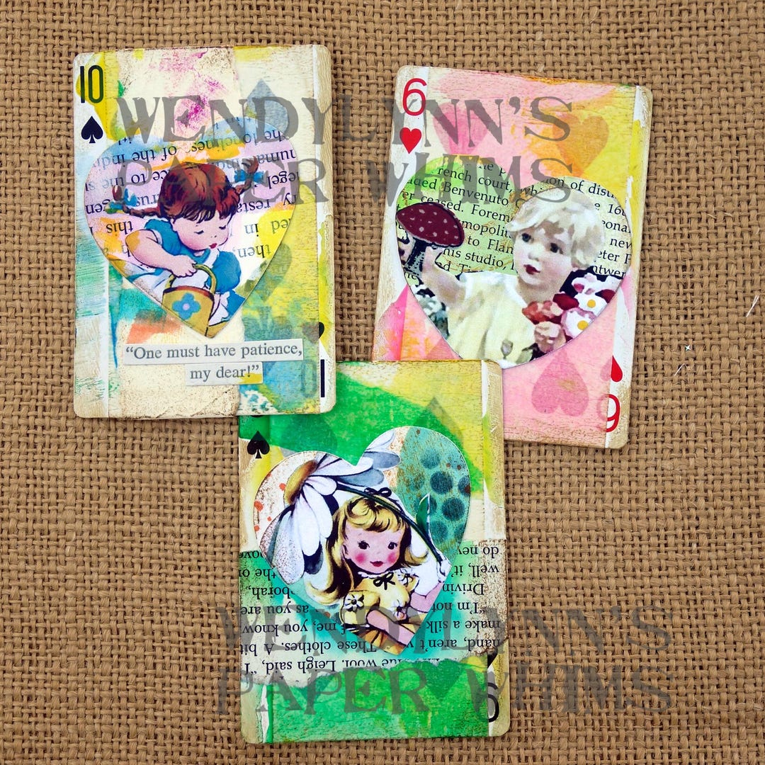 Vintage Children, Hearts, in the Garden, Set of 3, Altered Playing Card ...