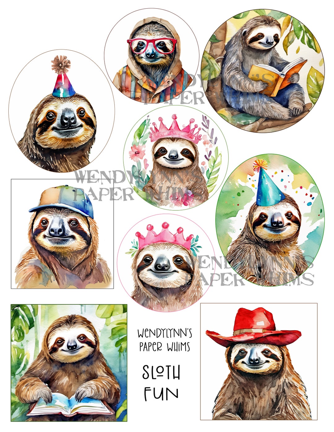 Sloths Having Fun Clipart: Party Hats, Crowns (digital Collage Sheet ...