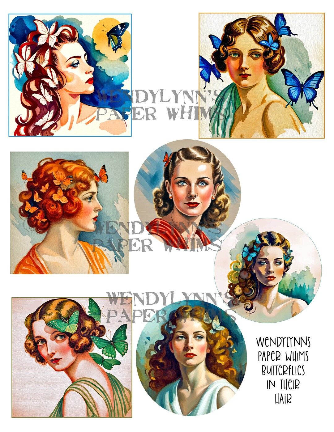 PRINTABLE, Water Color Ladies With Butterflies in Their Hair Designs ...