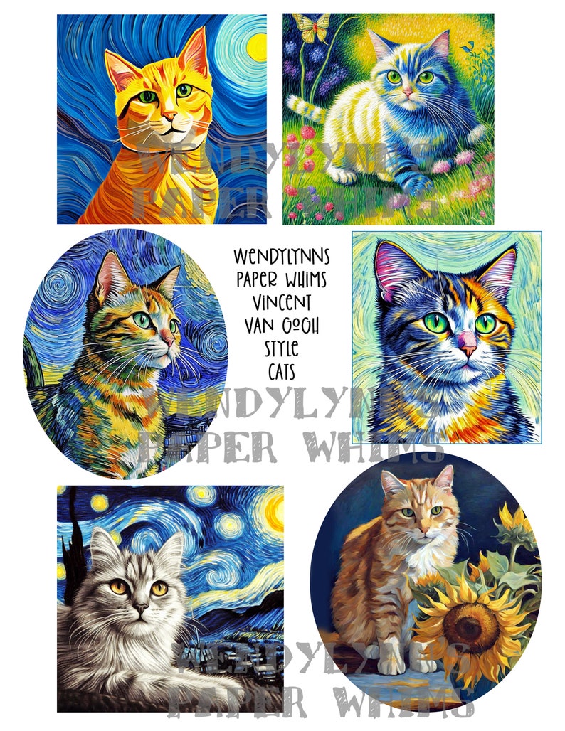 PRINTABLE, Vincent Van Gogh Style Cats Designs, Instant Download ...