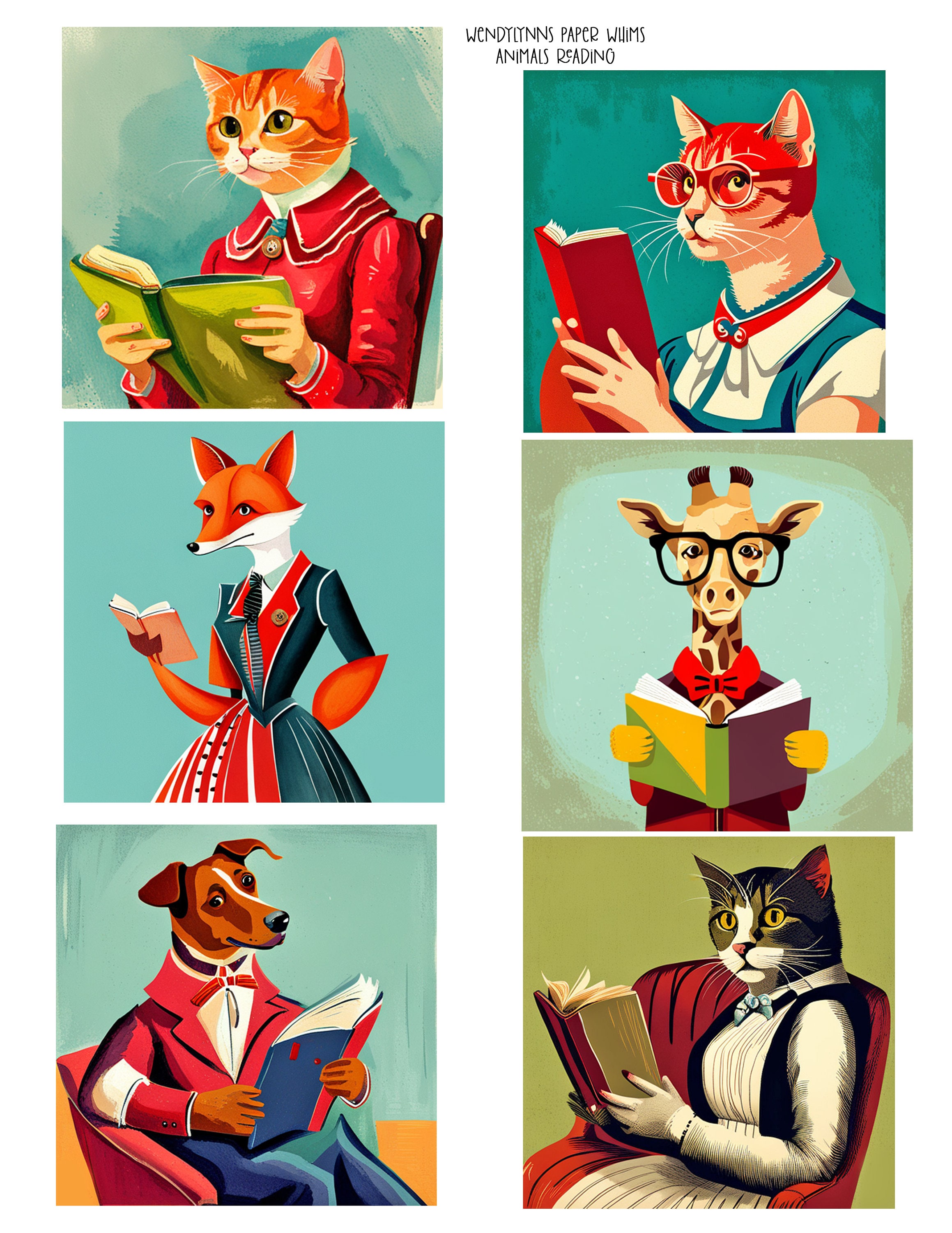 PRINTABLE, Instant Download, Digital Collage Sheet, Cat Reading, Fox ...