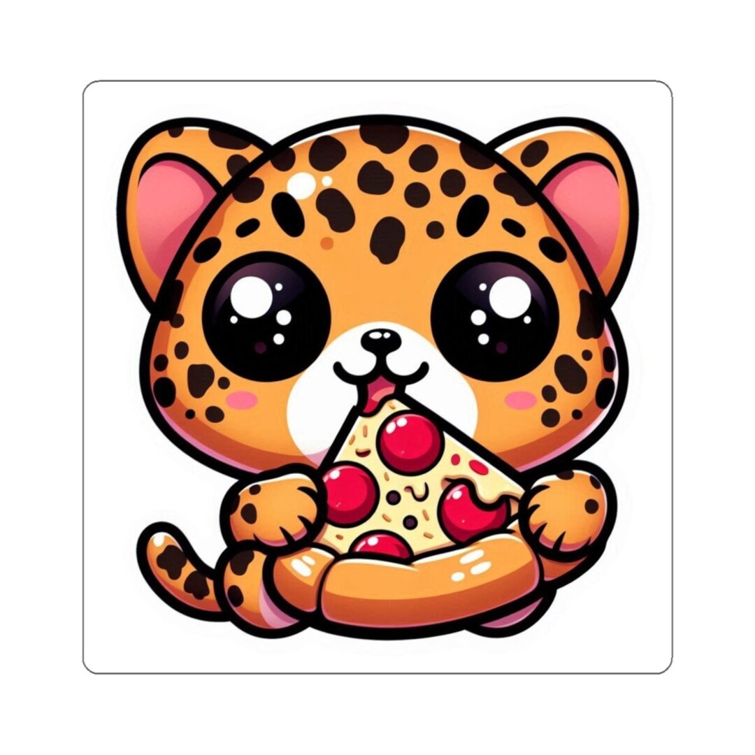 Kawaii Leopard Eating Pizza Sticker Adorable Pizza-loving Leopard Vinyl ...