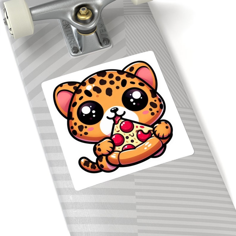 Kawaii Leopard Eating Pizza Sticker Adorable Pizza-loving Leopard Vinyl ...