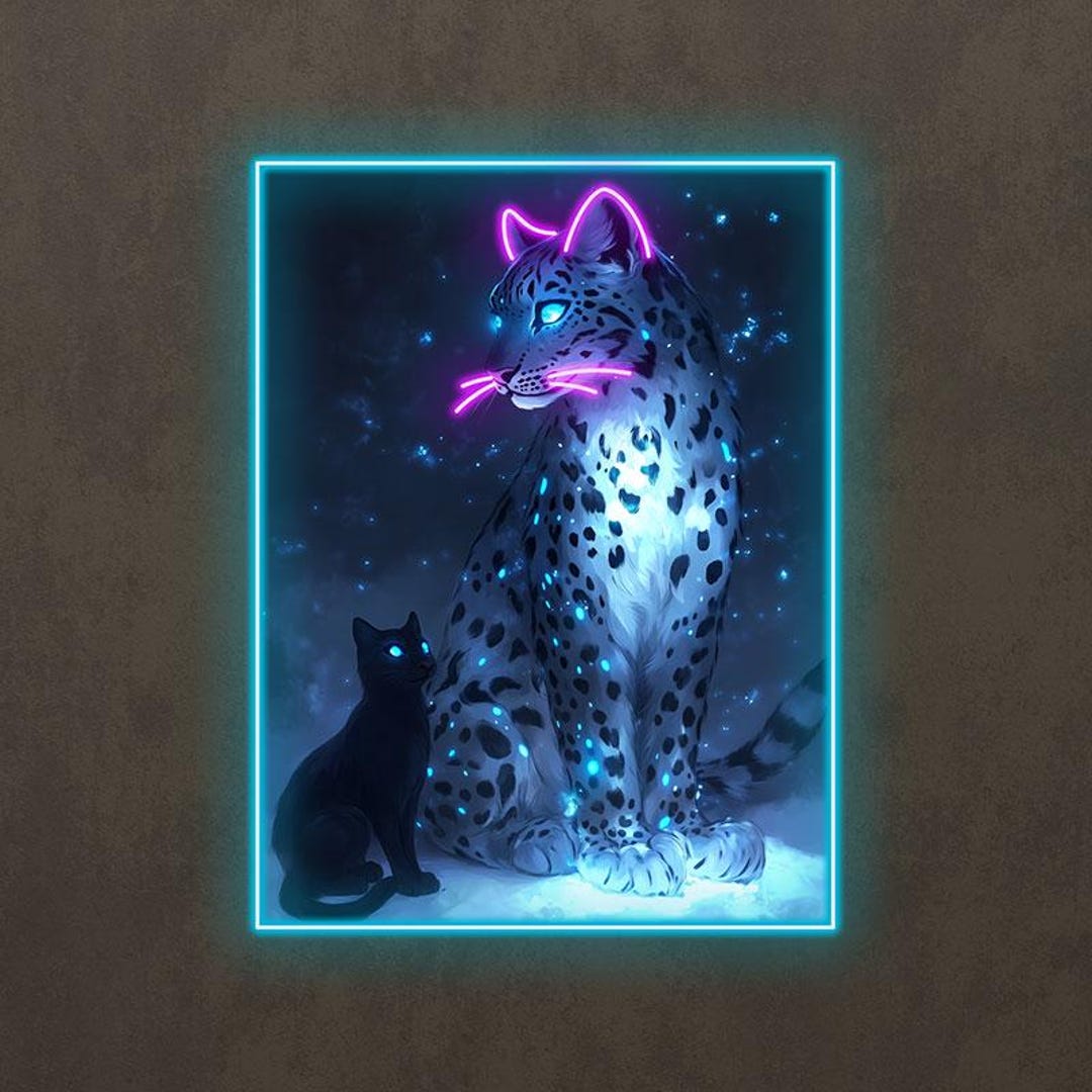 Galaxy Snow Leopard & Cat Neon Art Print, Majestic Snow Leopard and Cat ...