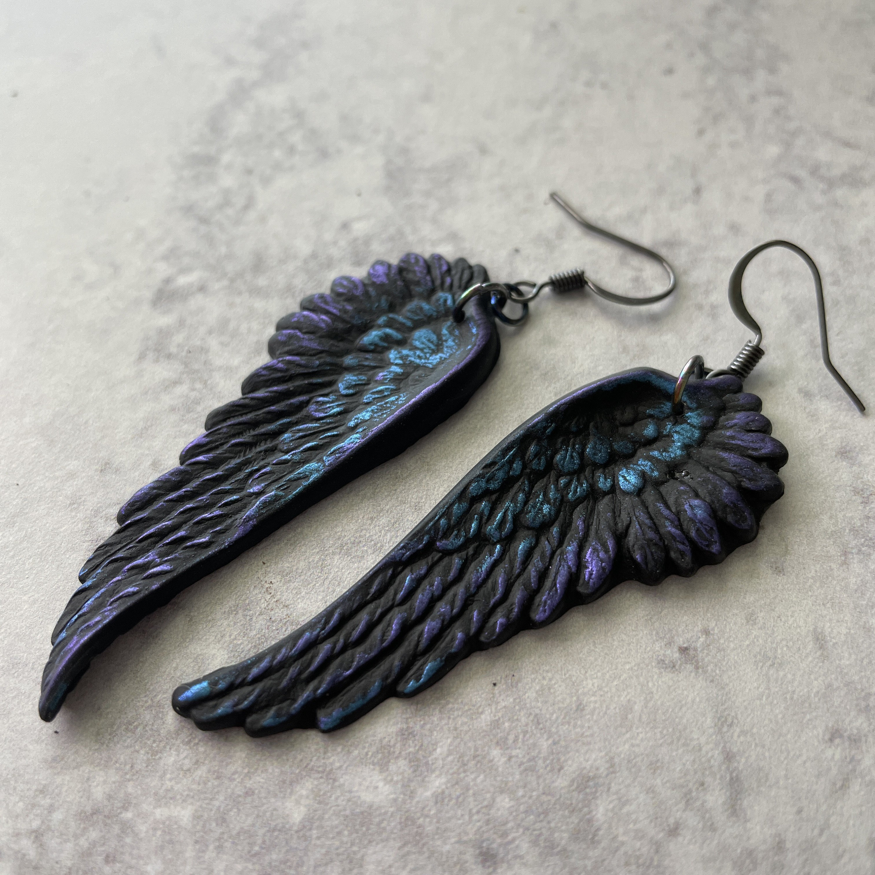 Black as Night Oil Slick Raven Crow Angel Wings Earrings Gothic Elven ...