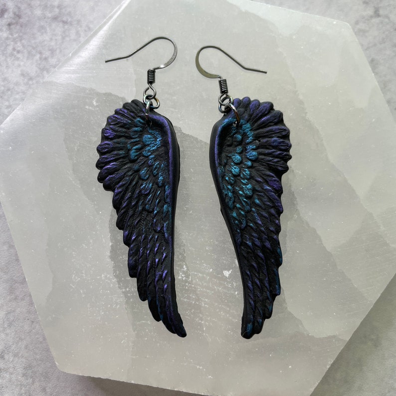 Black as Night Oil Slick Raven Crow Angel Wings Earrings Gothic Elven ...