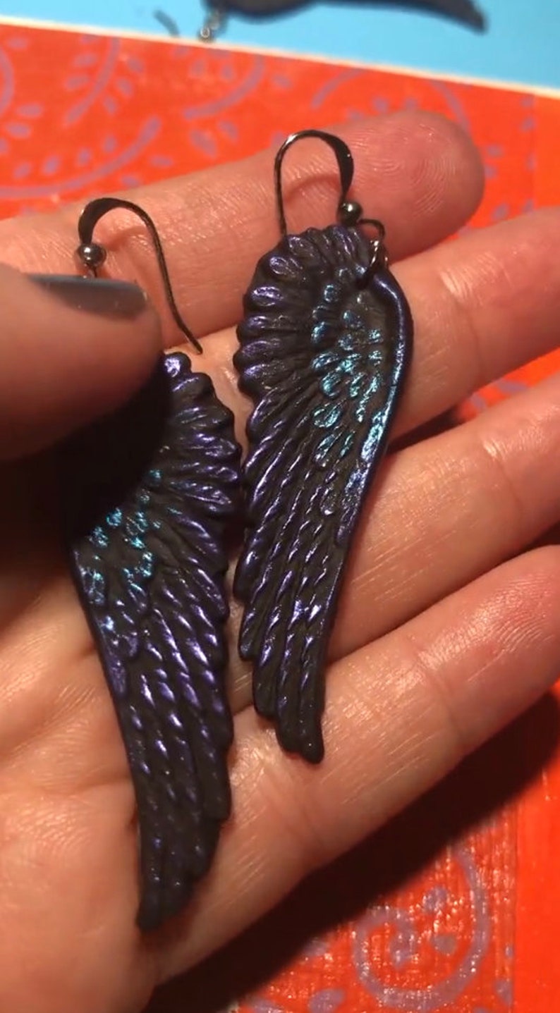 Black as Night Oil Slick Raven Crow Angel Wings Earrings Gothic Elven ...