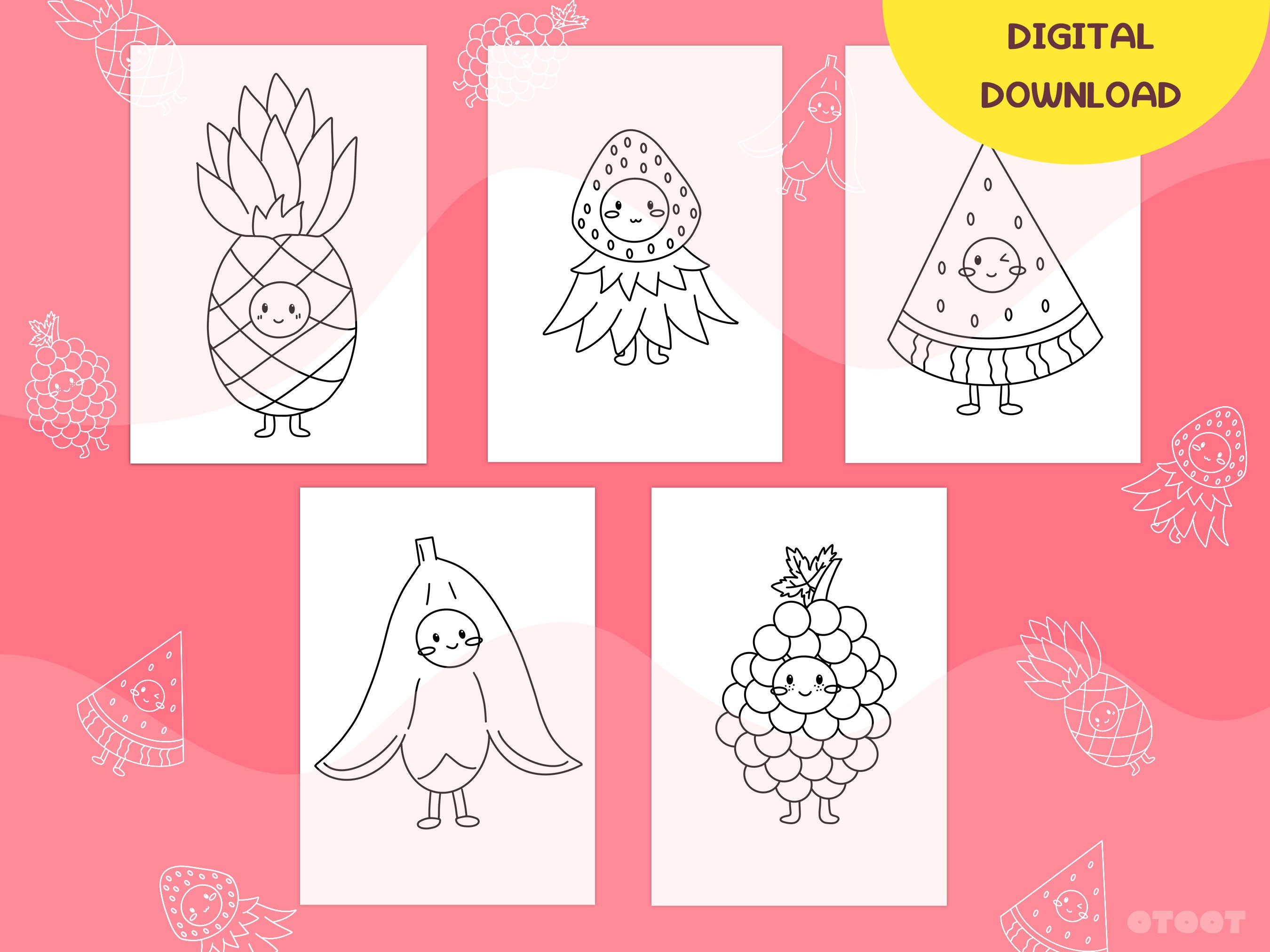Cute Fruits Coloring Pages by Otoot - Etsy