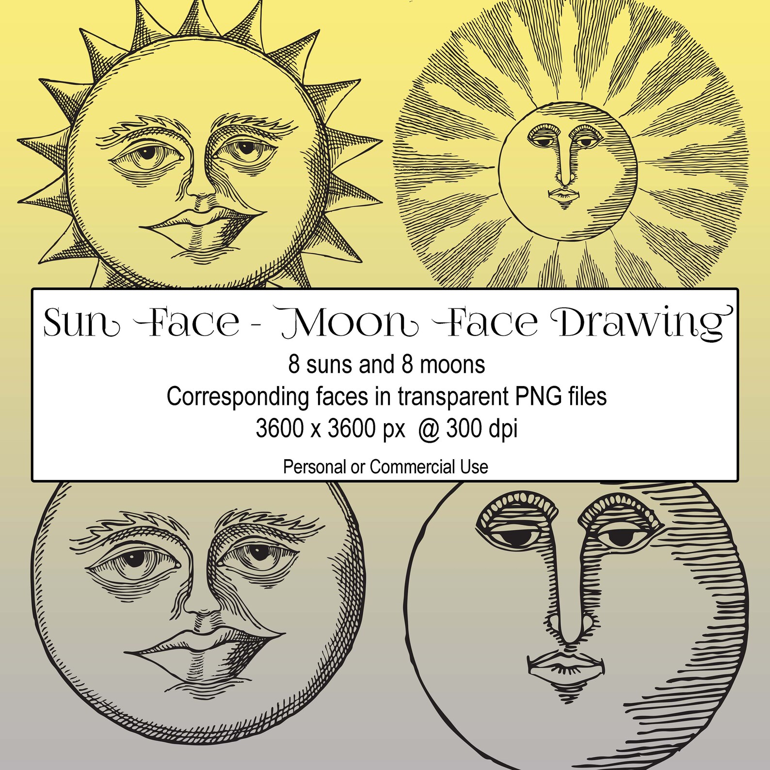 SUN Face - MOON Face Drawing, Instant Download Sun Clip Art, Moon Clip ...