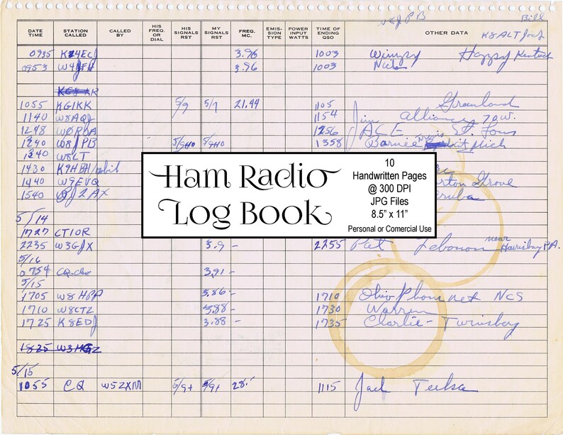 HAM RADIO Log Book Digital Collage 10 Sheets 8.5x11 Handwritten Instant ...