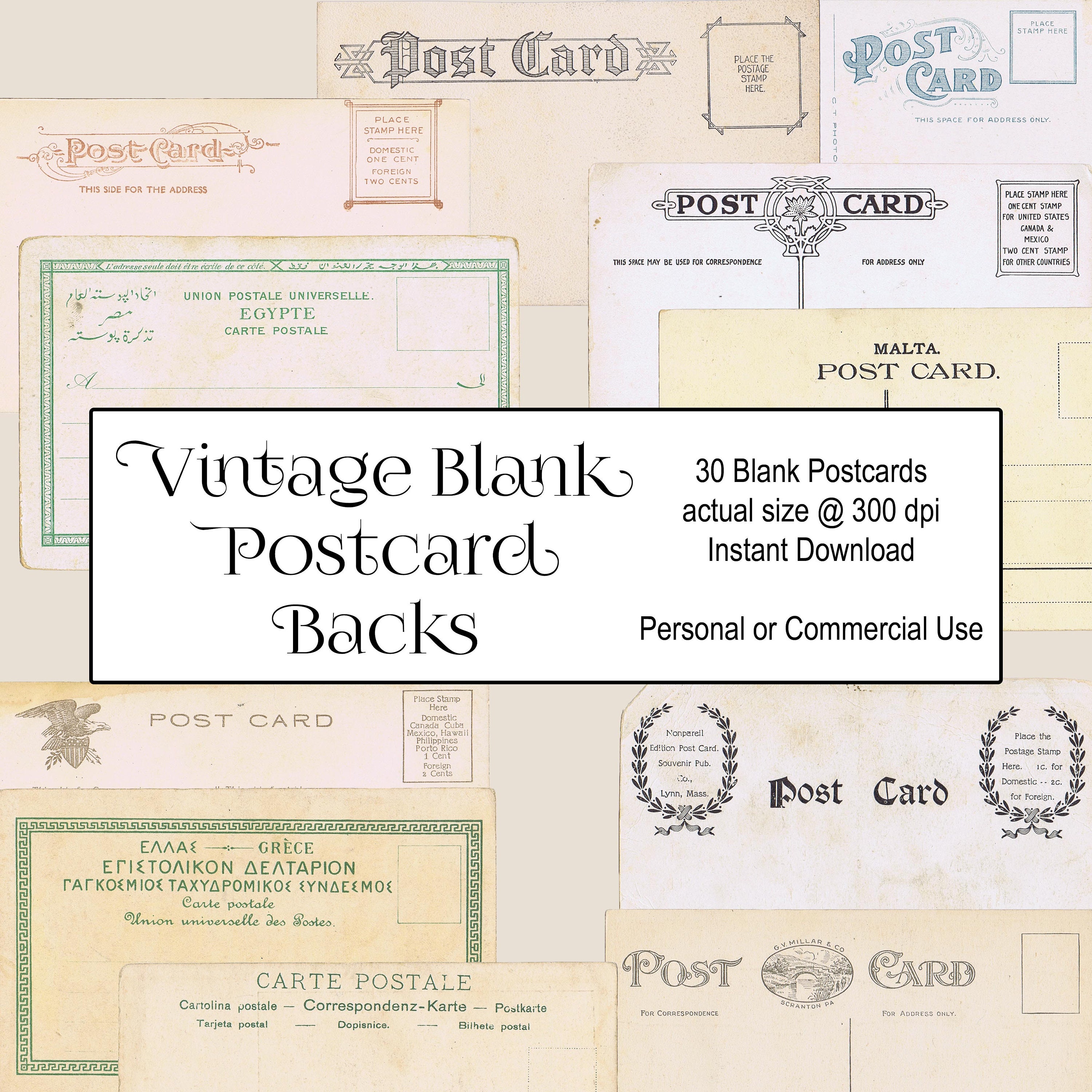 VINTAGE POSTCARD BACKS, Instant Download of 30 Postcards With No Writing Ready for Your Words ...