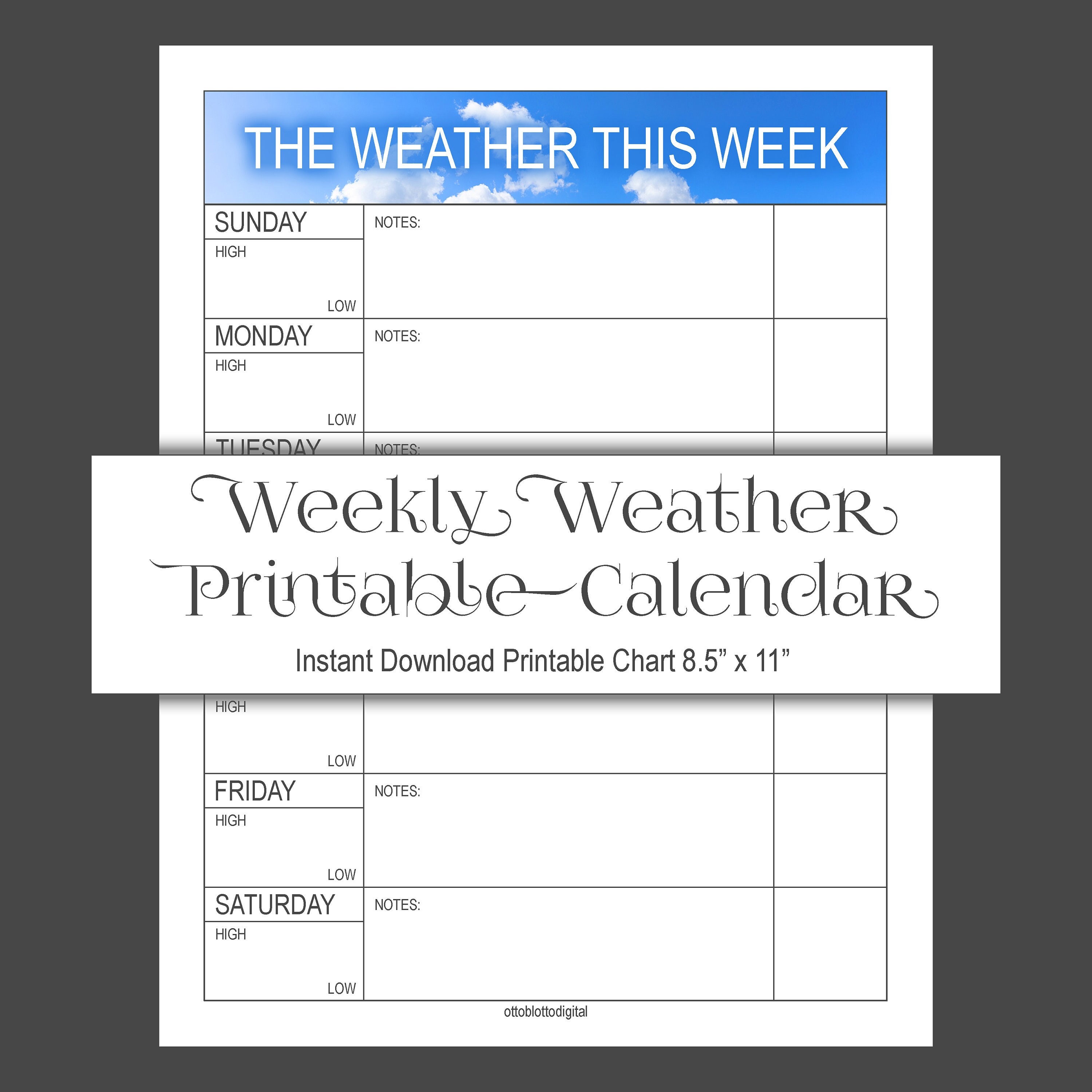 WEEKLY WEATHER CALENDAR - Printable Weather Log, Weather Journal ...