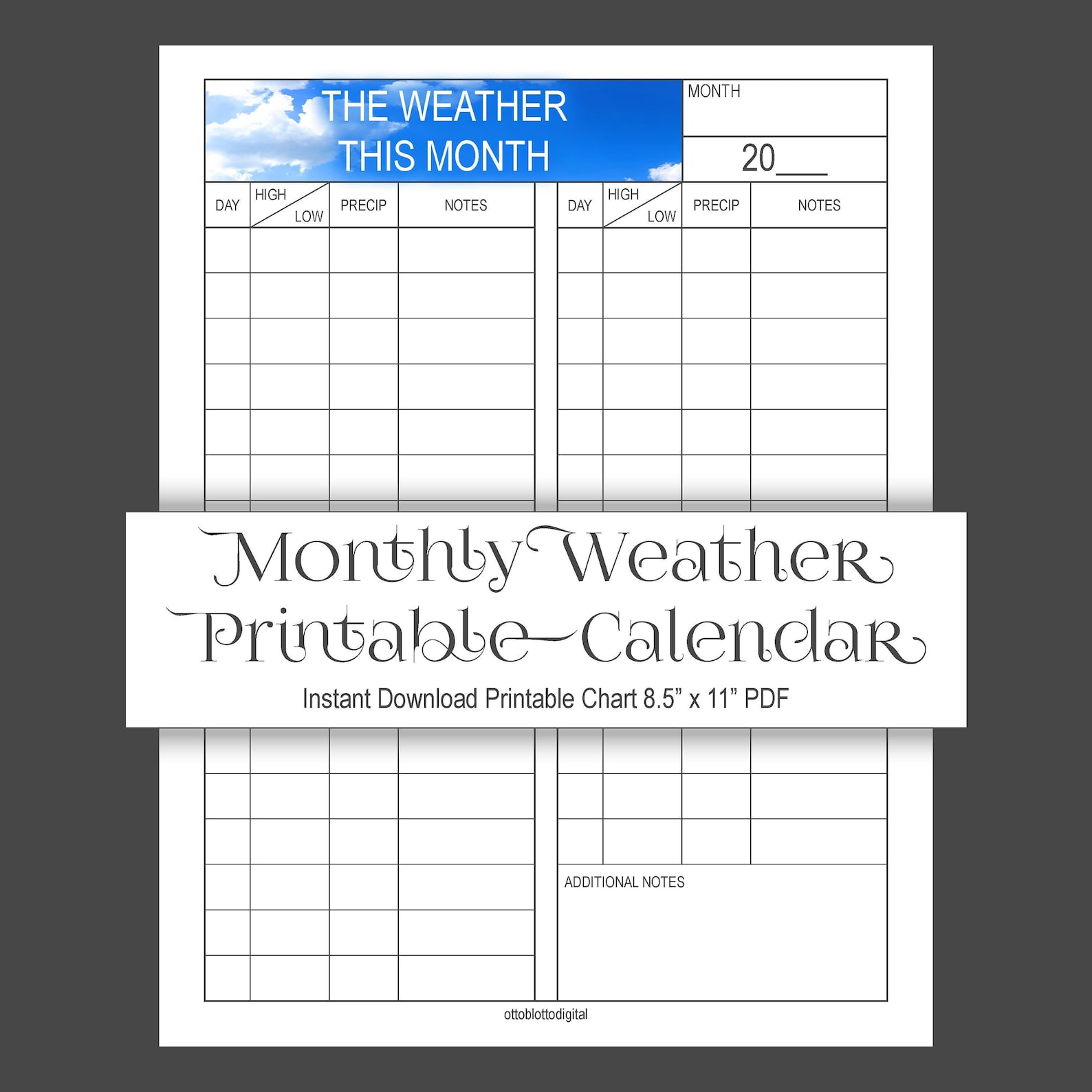 MONTHLY WEATHER CALENDAR - Printable Weather Log, Weather Journal ...