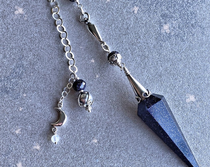MOON GODDESS Sterling Silver and Blue Goldstone Pendulum Set Spiral ...