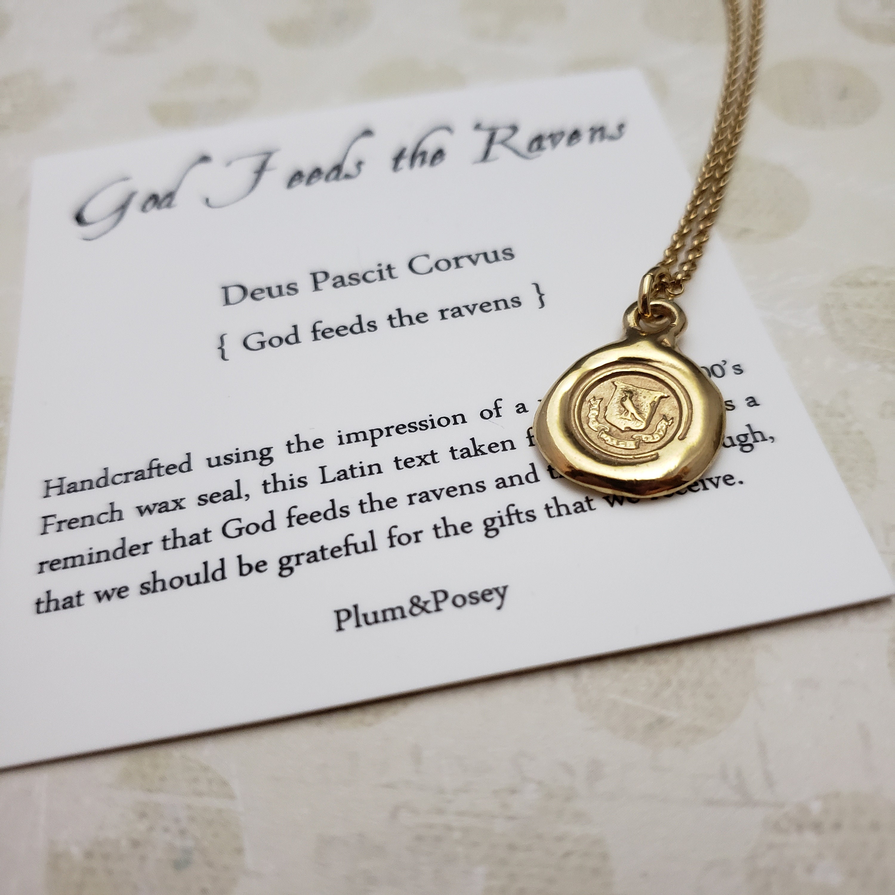 Gold Mini Raven Necklace - God Feeds the Ravens - Deus Pascit Corvus in ...